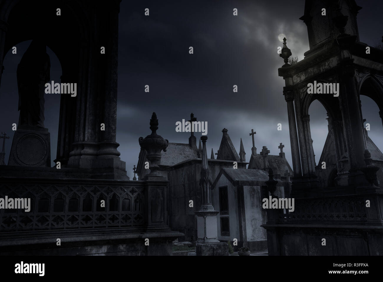 Old european cemetery in an overcast full moon night Stock Photo - Alamy