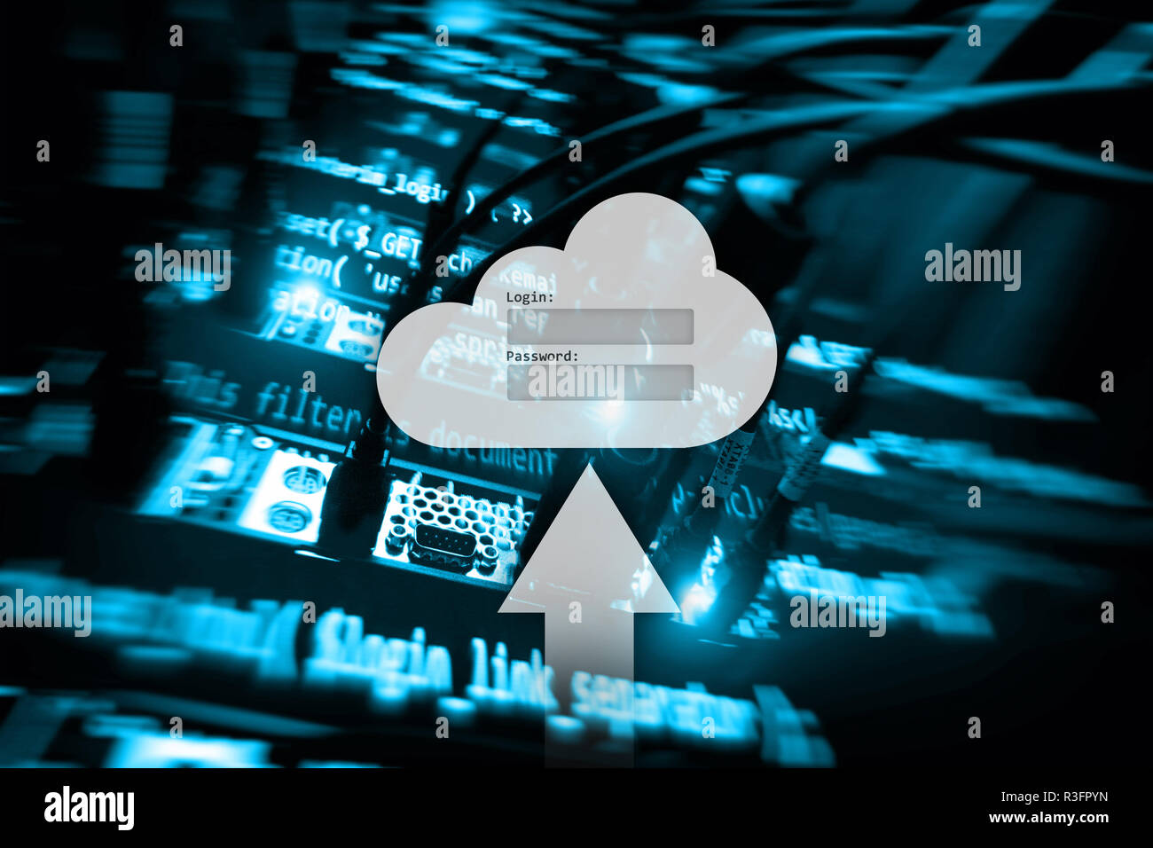 Cloud storage, data access, login and password request window on server ...