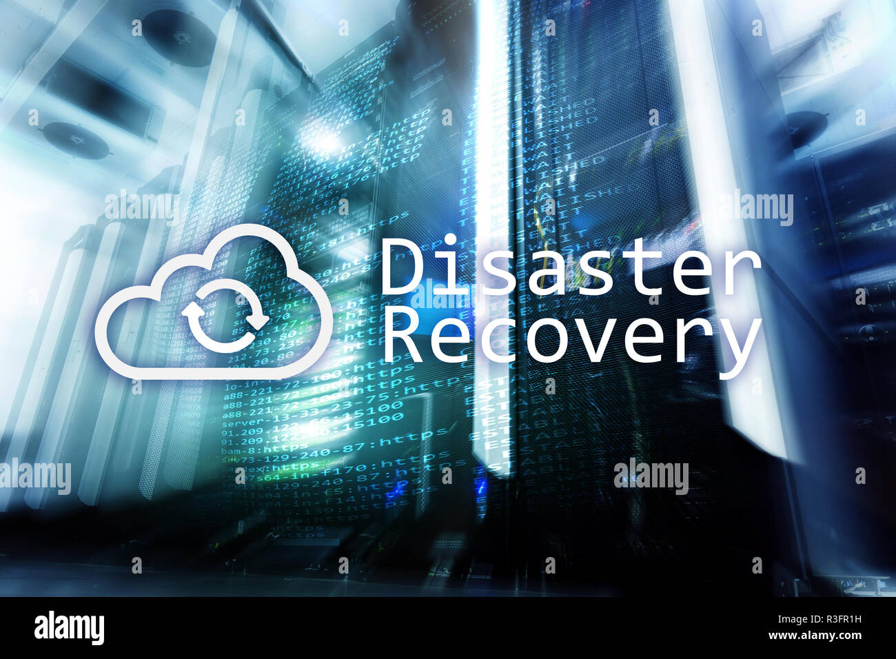 DIsaster recovery. Data loss prevention. Server room on background ...