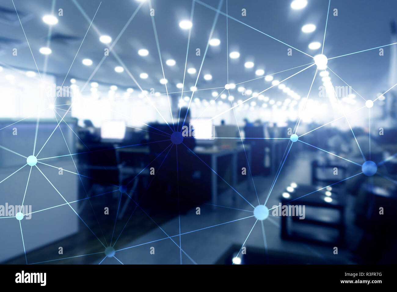 Blockchain network on blurred skyscrapers background. Financial ...