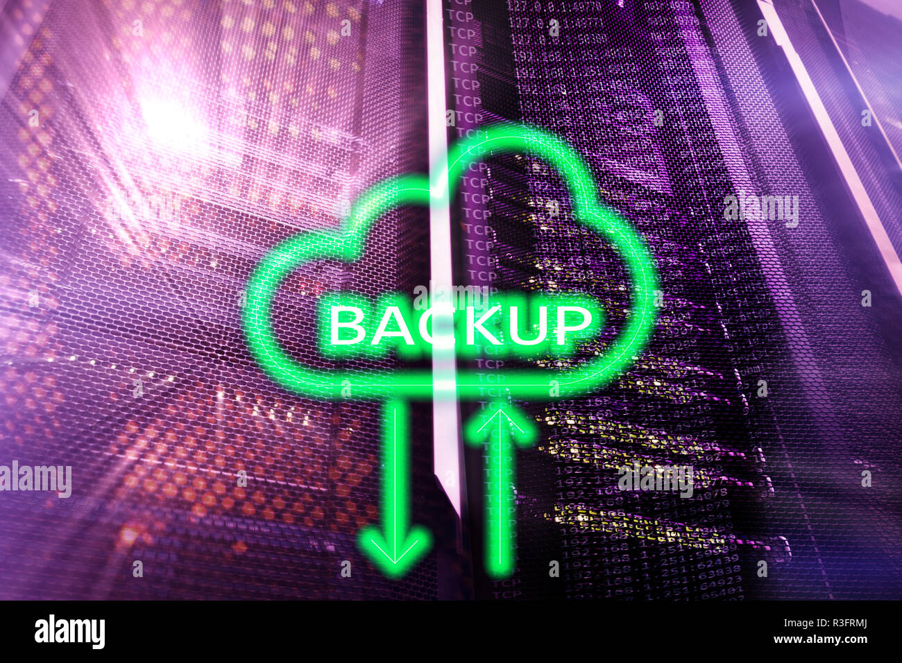 Backup button on modern server room background. Data loss prevention ...