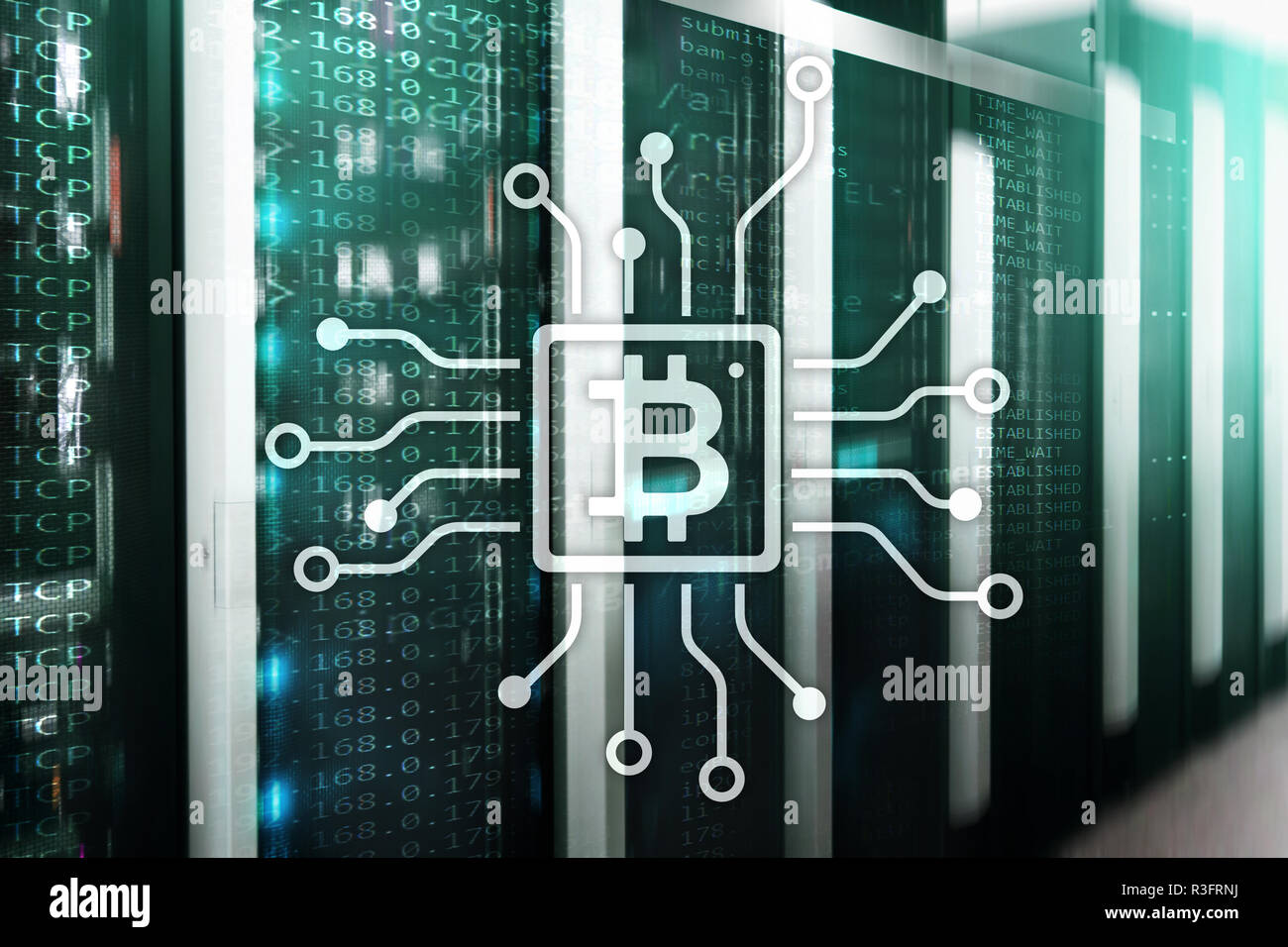 Bitcoin, Blockchain concept on server room background Stock Photo - Alamy