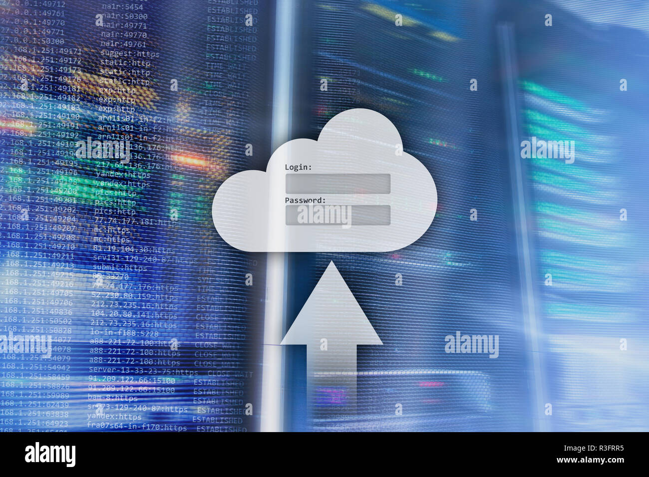 Cloud storage, data access, login and password request window on server ...