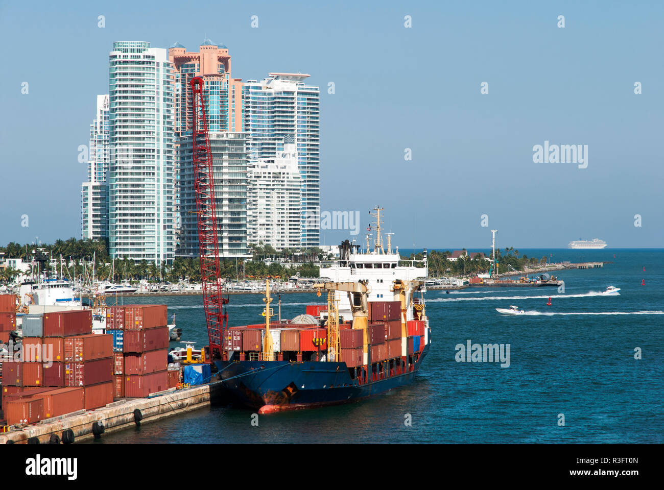 The view of a cargo ship, busy gateway to the ocean and Miami Beach ...