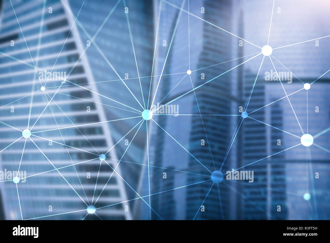Blockchain network on blurred skyscrapers background. Financial ...