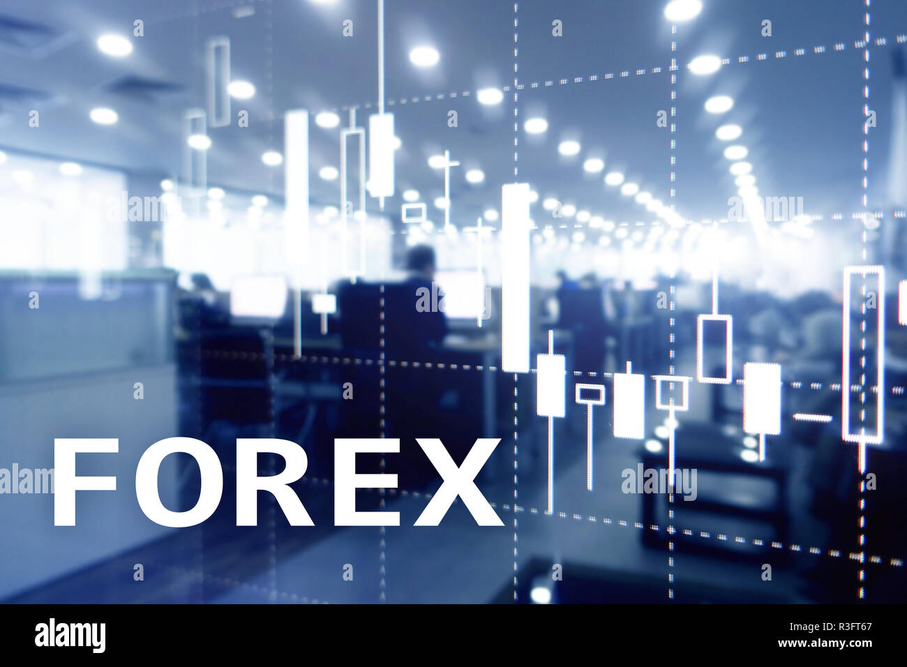Forex trading, financial candle chart and graphs on blurred business ...