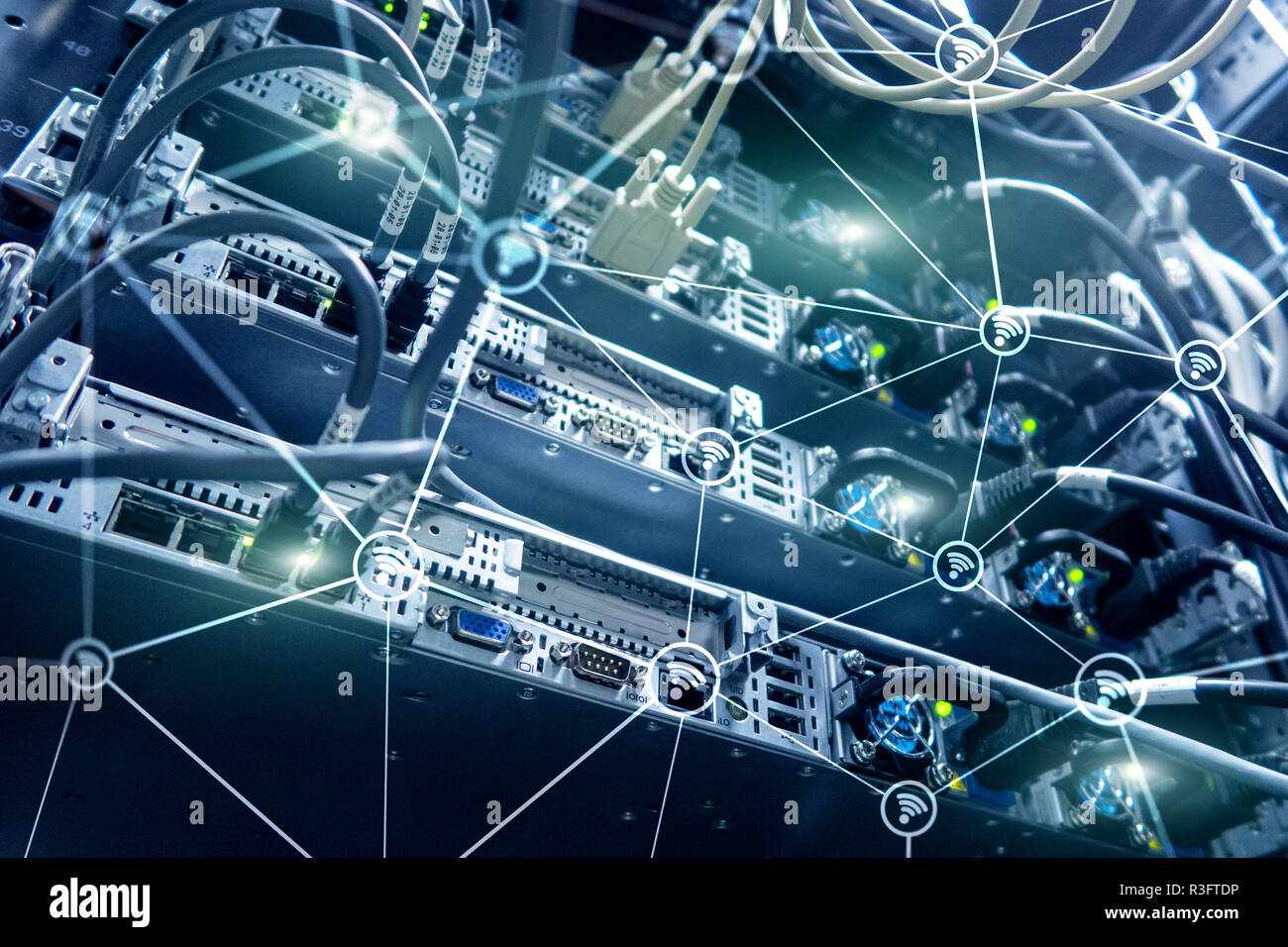 Wi fi network abstract structure on modern server room background Stock ...