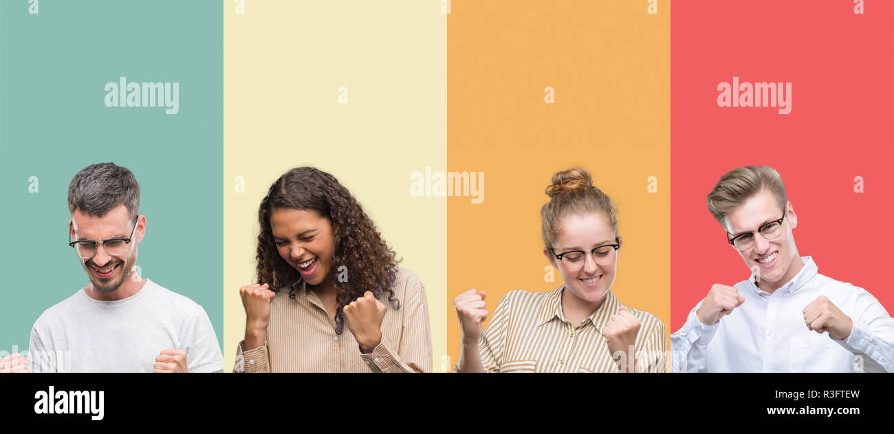 Collage of a group of people isolated over colorful background very ...