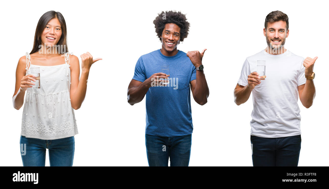 Collage of people drinking glass of water over isolated background ...
