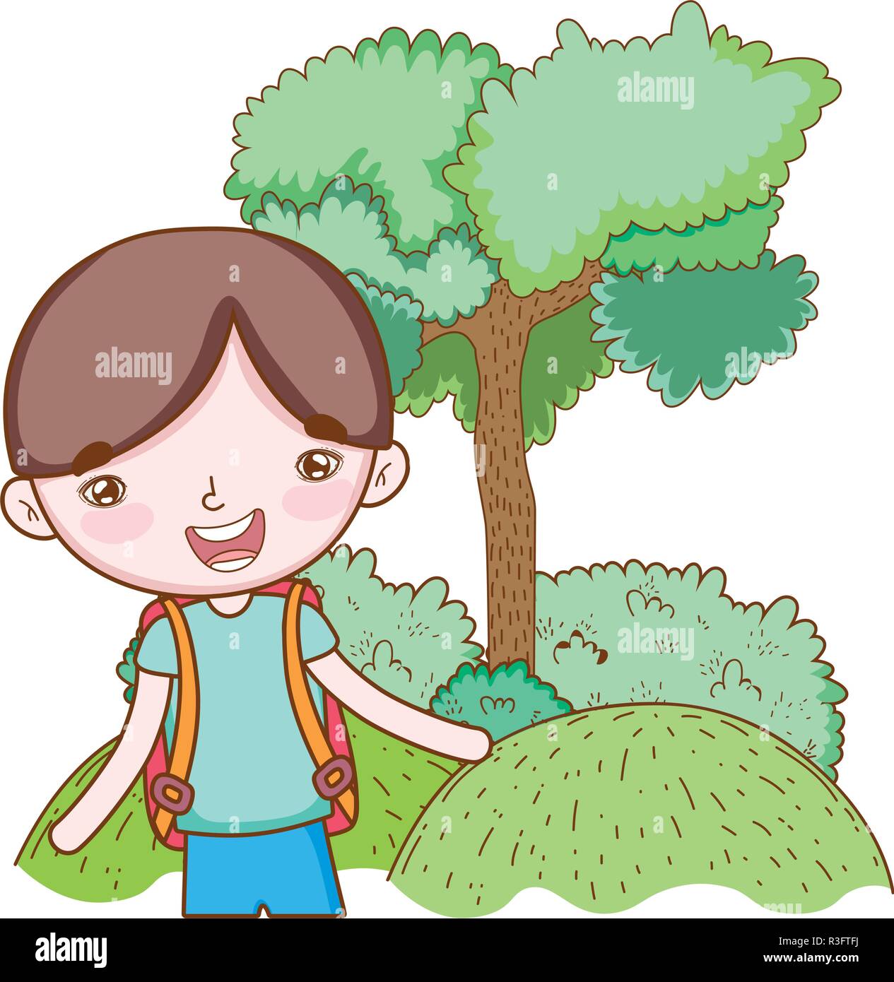 traveler ecological tourism boy with tree and shrubbery vector ...