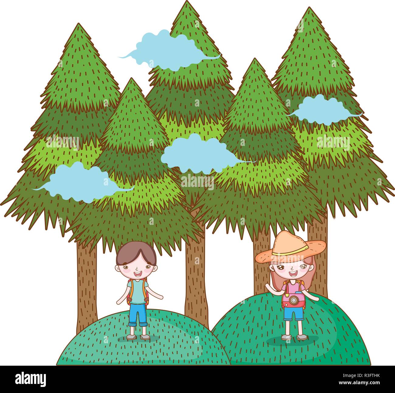 traveler ecological tourism couple with trees and shrubbery vector ...