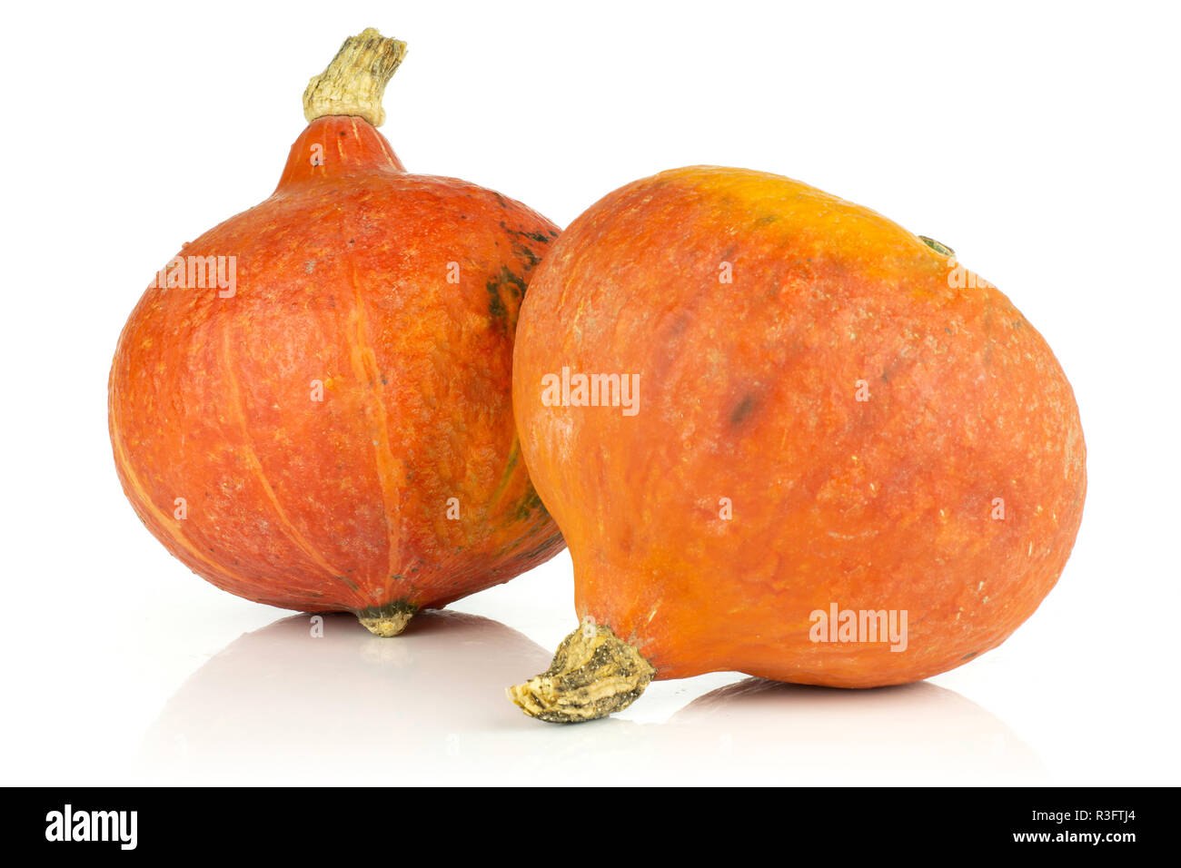 Group of two whole teardrop shaped fresh red kuri pumpkin hokkaido ...