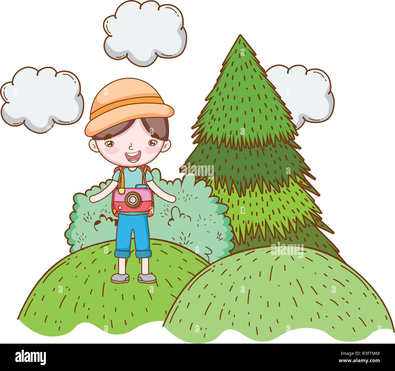traveler ecological tourism boy with hat and camera trees vector ...