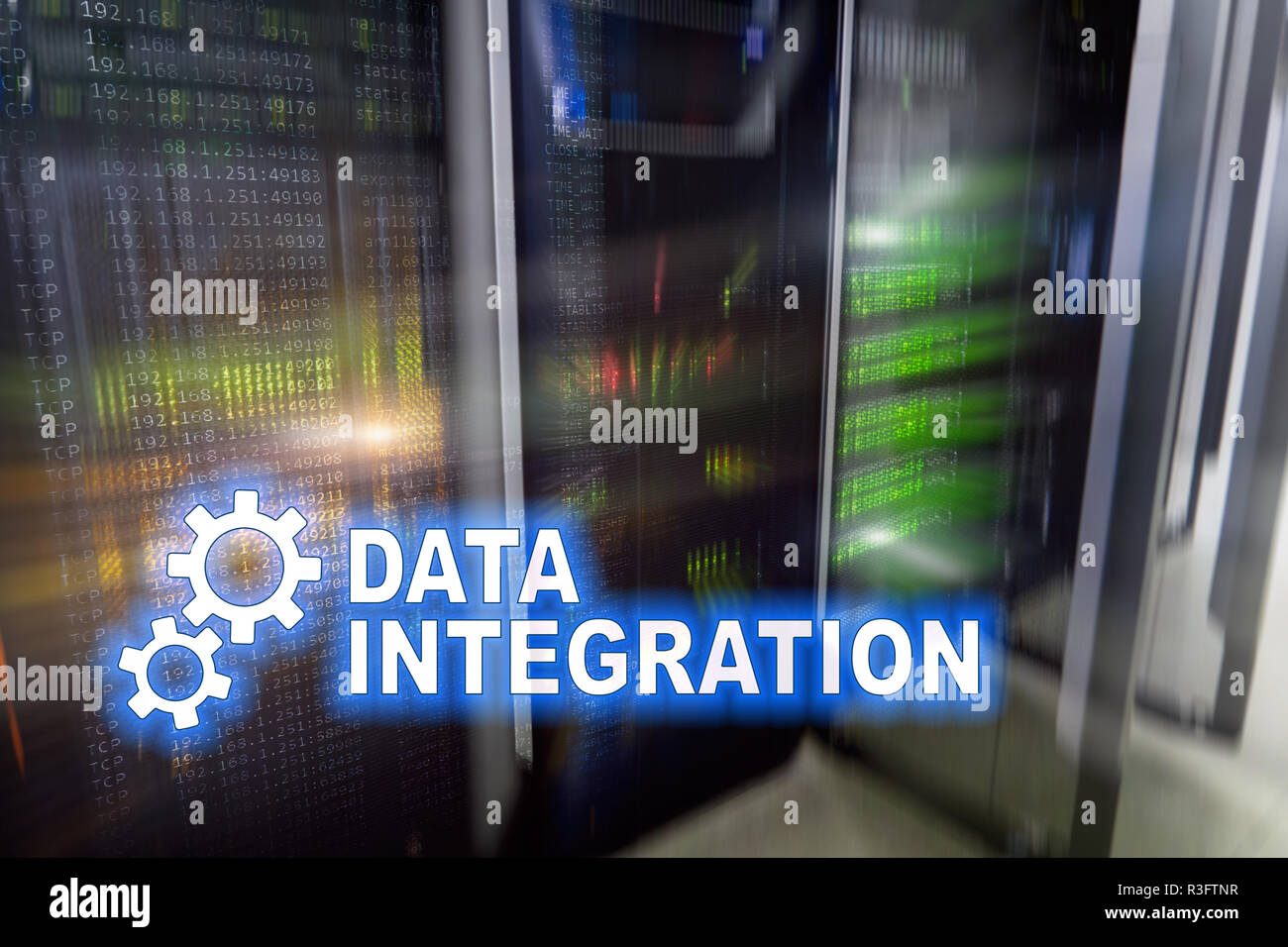 Data integration information technology concept on server room ...