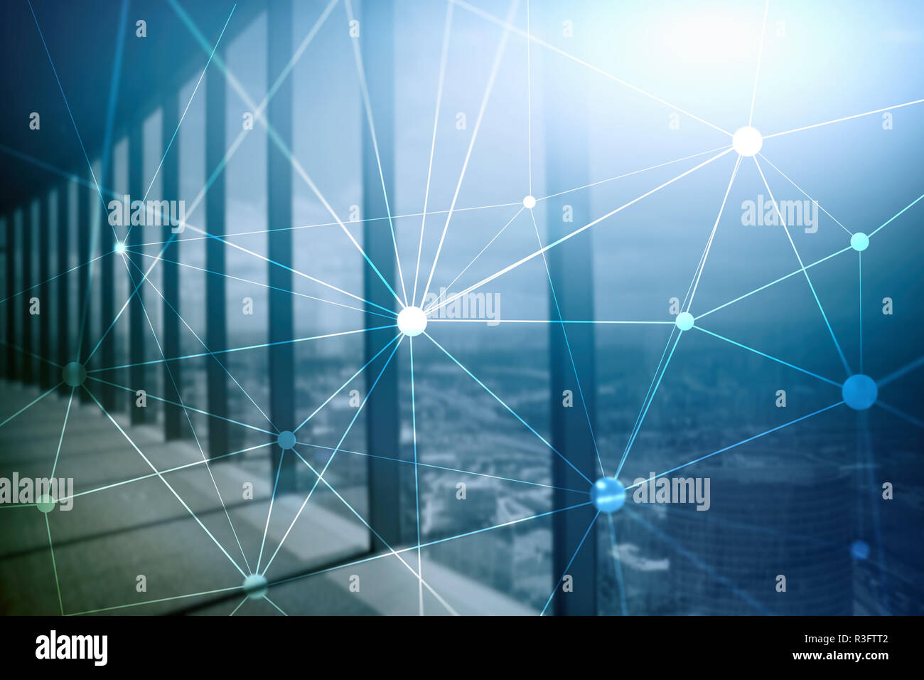 Blockchain network on blurred skyscrapers background. Financial ...