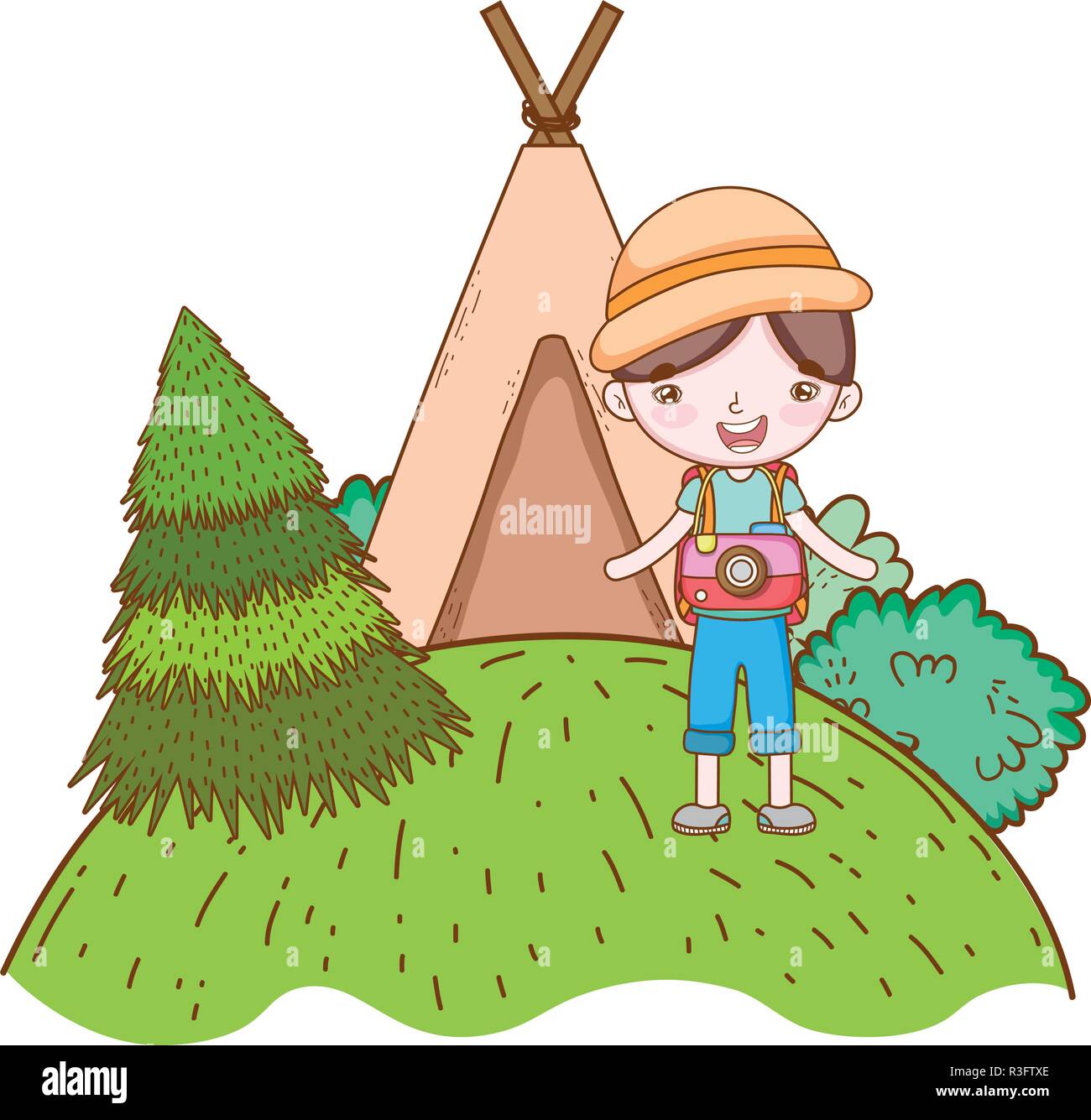 traveler ecological tourism boy with hat and camera indian tent vector ...