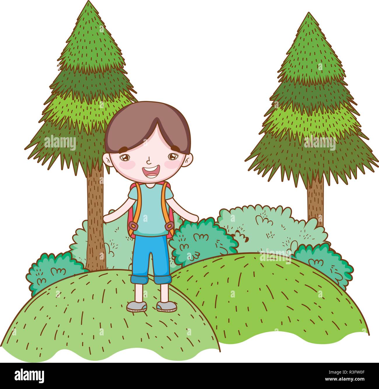 traveler ecological tourism boy with tree and shrubbery vector ...