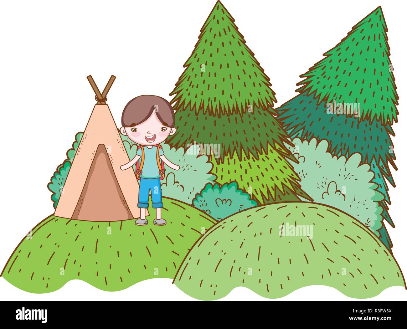 traveler ecological tourism boy with indian tent and trees vector ...