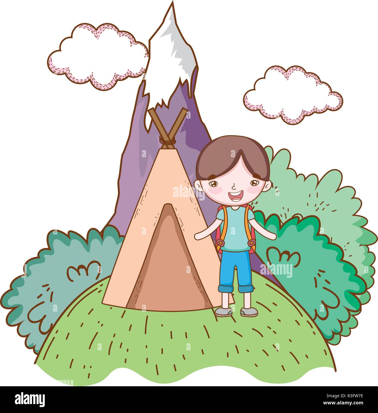 traveler ecological tourism boy with indian tent in snow mountain ...