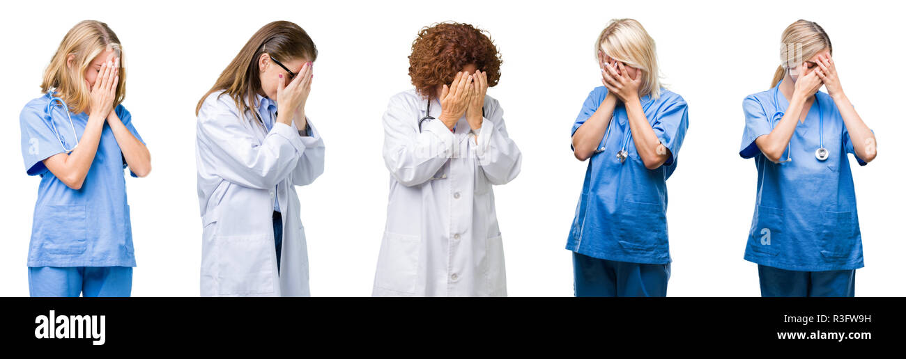 Collage of group of professional doctor women over white isolated ...