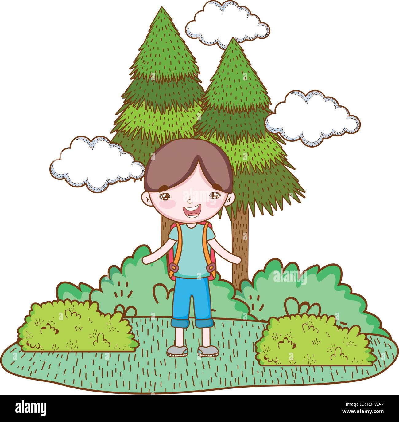 traveler ecological tourism boy with tree and shrubbery vector ...