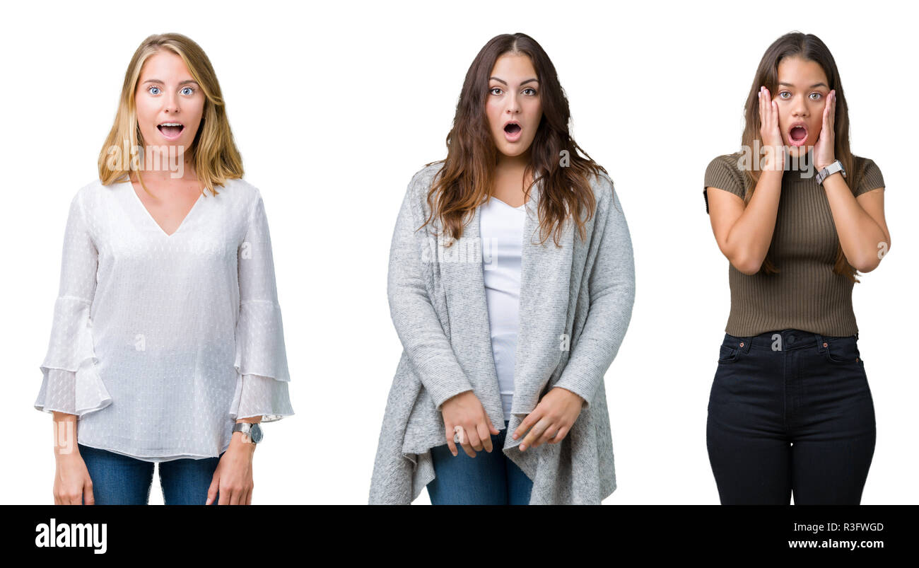Collage Of Group Of Three Young Beautiful Women Over White Isolated Background Afraid And