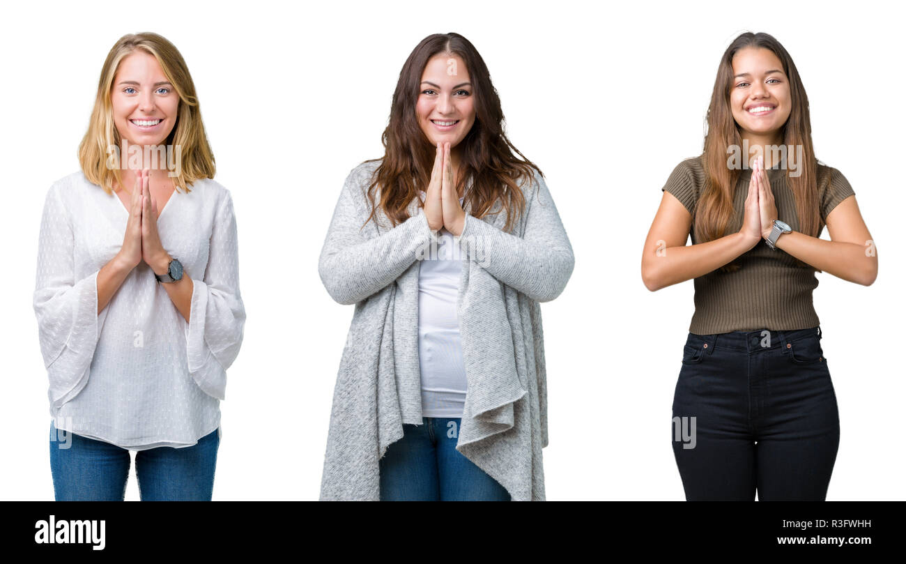 Collage of group of three young beautiful women over white isolated ...