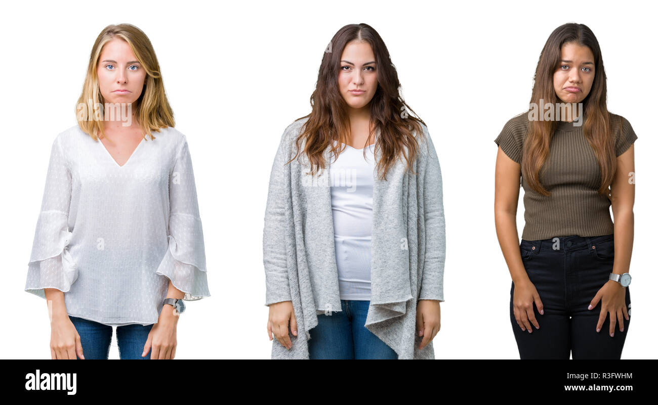 Collage of group of three young beautiful women over white isolated ...