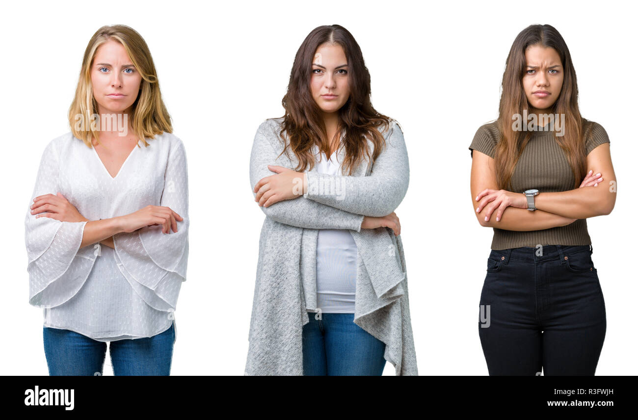 Collage of group of three young beautiful women over white isolated ...