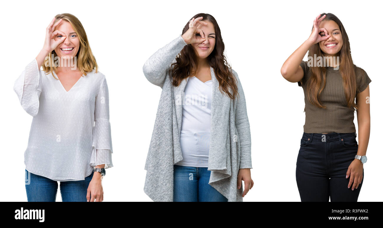 Collage of group of three young beautiful women over white isolated ...