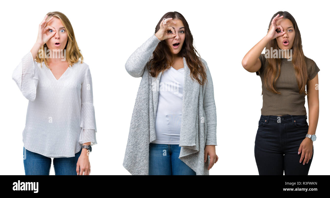 Collage of group of three young beautiful women over white isolated ...