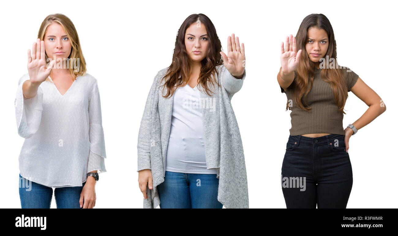 Collage of group of three young beautiful women over white isolated ...