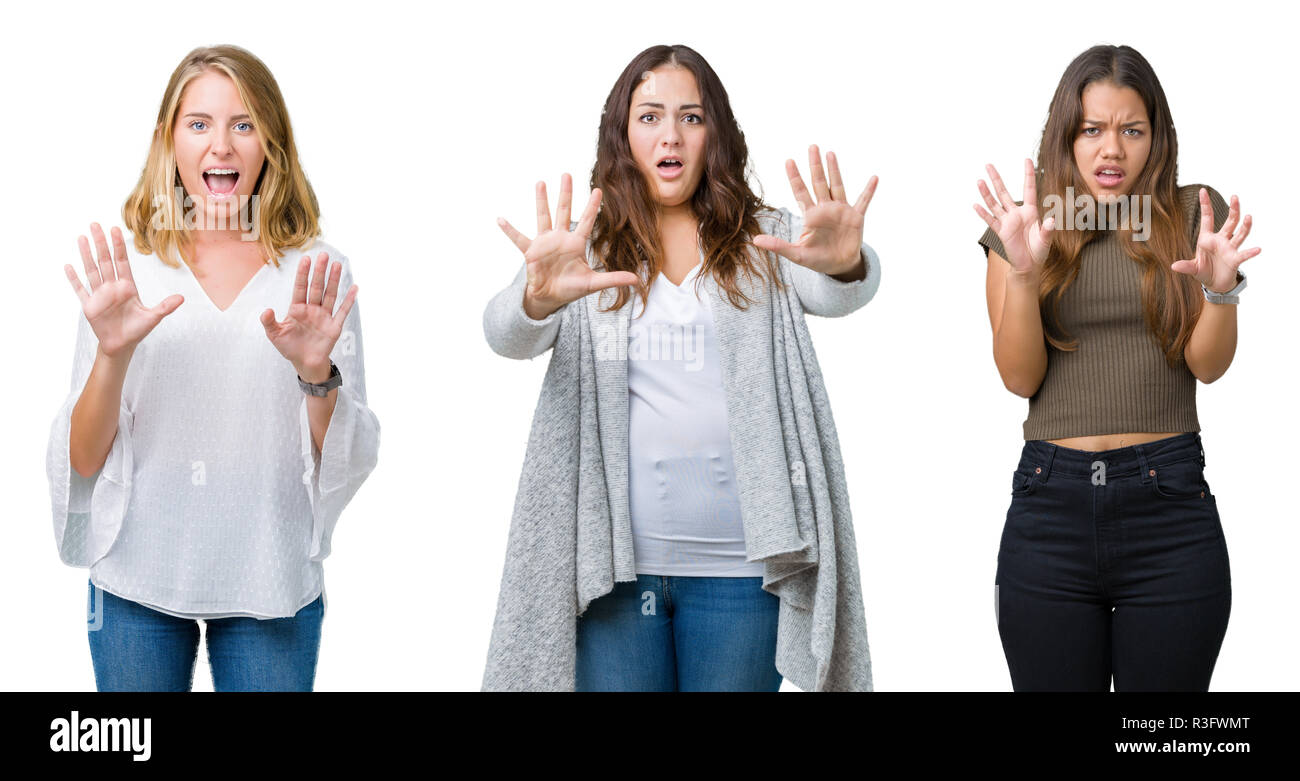 Collage of group of three young beautiful women over white isolated ...