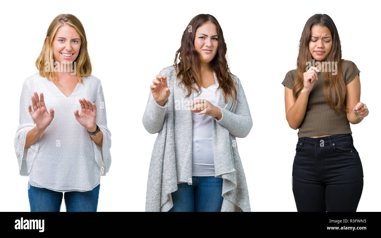 Collage of group of three young beautiful women over white isolated ...