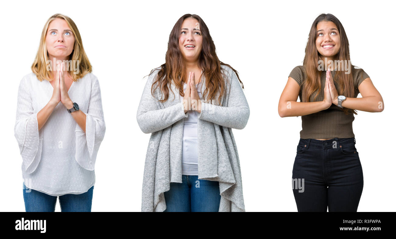 Collage of group of three young beautiful women over white isolated ...