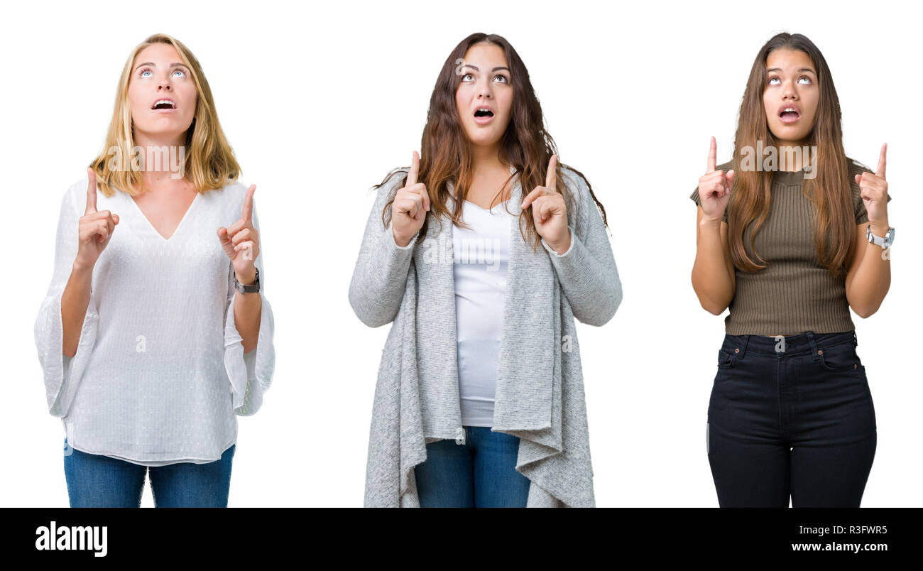 Collage of group of three young beautiful women over white isolated ...