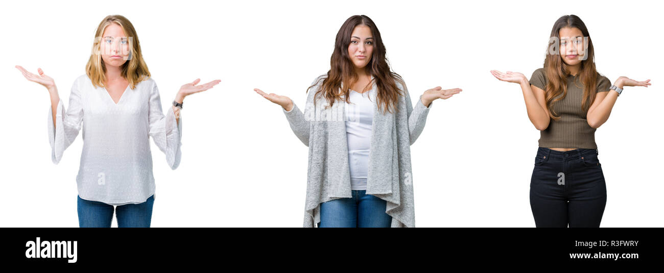 Collage of group of three young beautiful women over white isolated ...