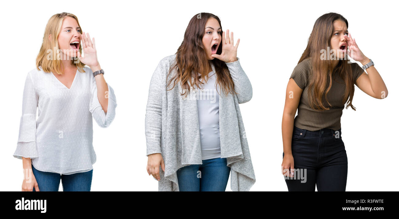 Collage of group of three young beautiful women over white isolated ...