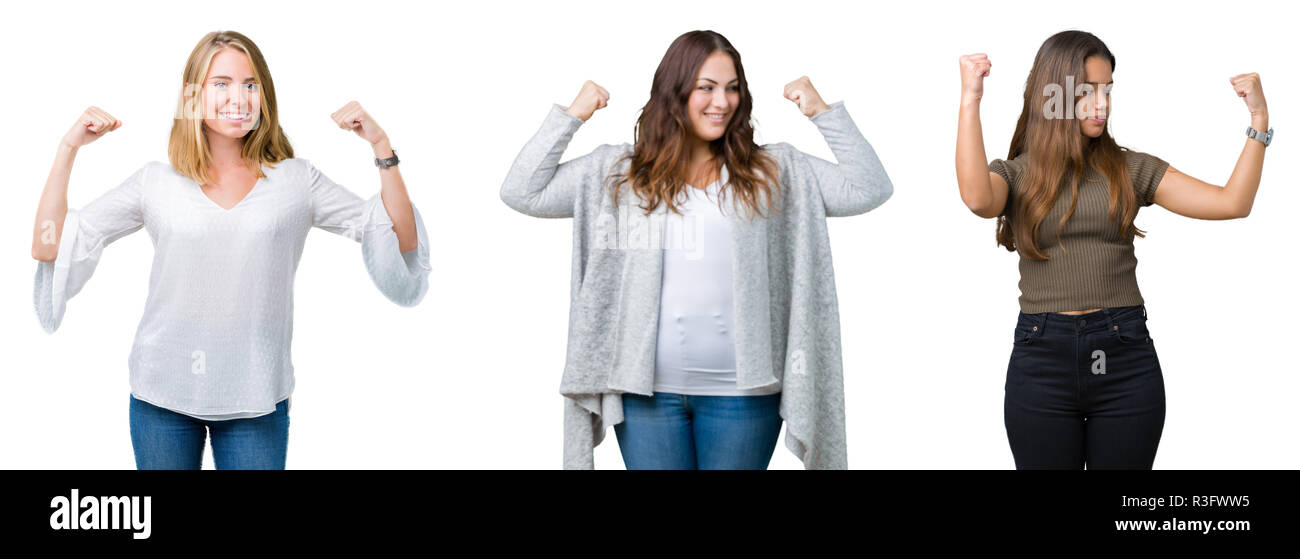 Collage of group of three young beautiful women over white isolated ...