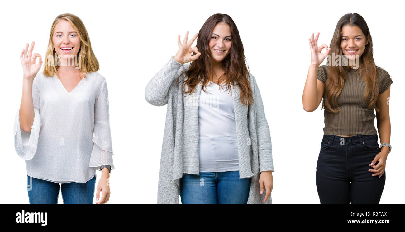 Collage of group of three young beautiful women over white isolated ...