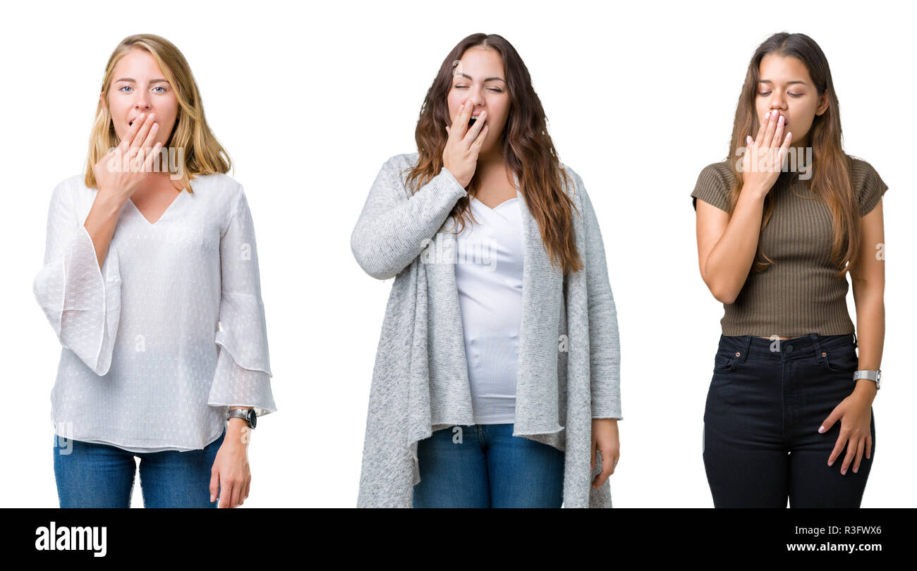 Collage of group of three young beautiful women over white isolated ...