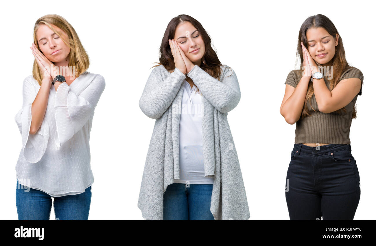 Collage of group of three young beautiful women over white isolated ...