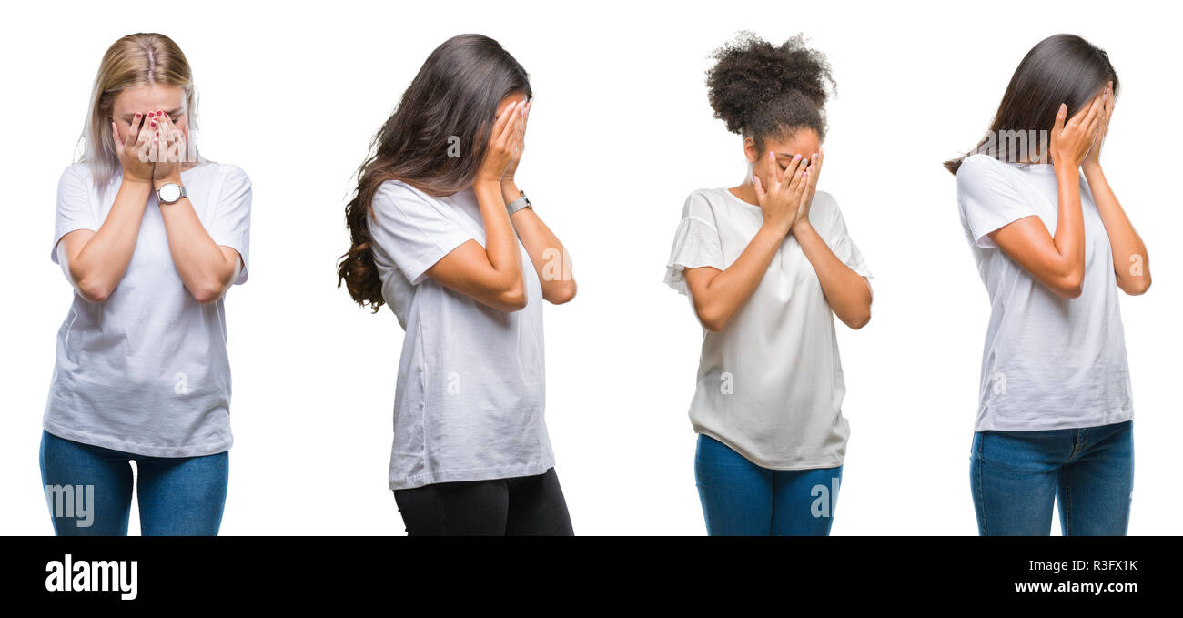 Collage of group of chinese, arab, african american woman over isolated ...