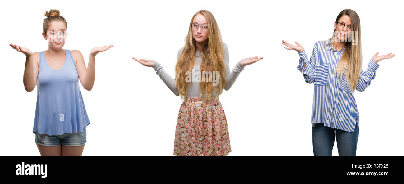 Collage of group of blonde women over isolated background clueless and ...