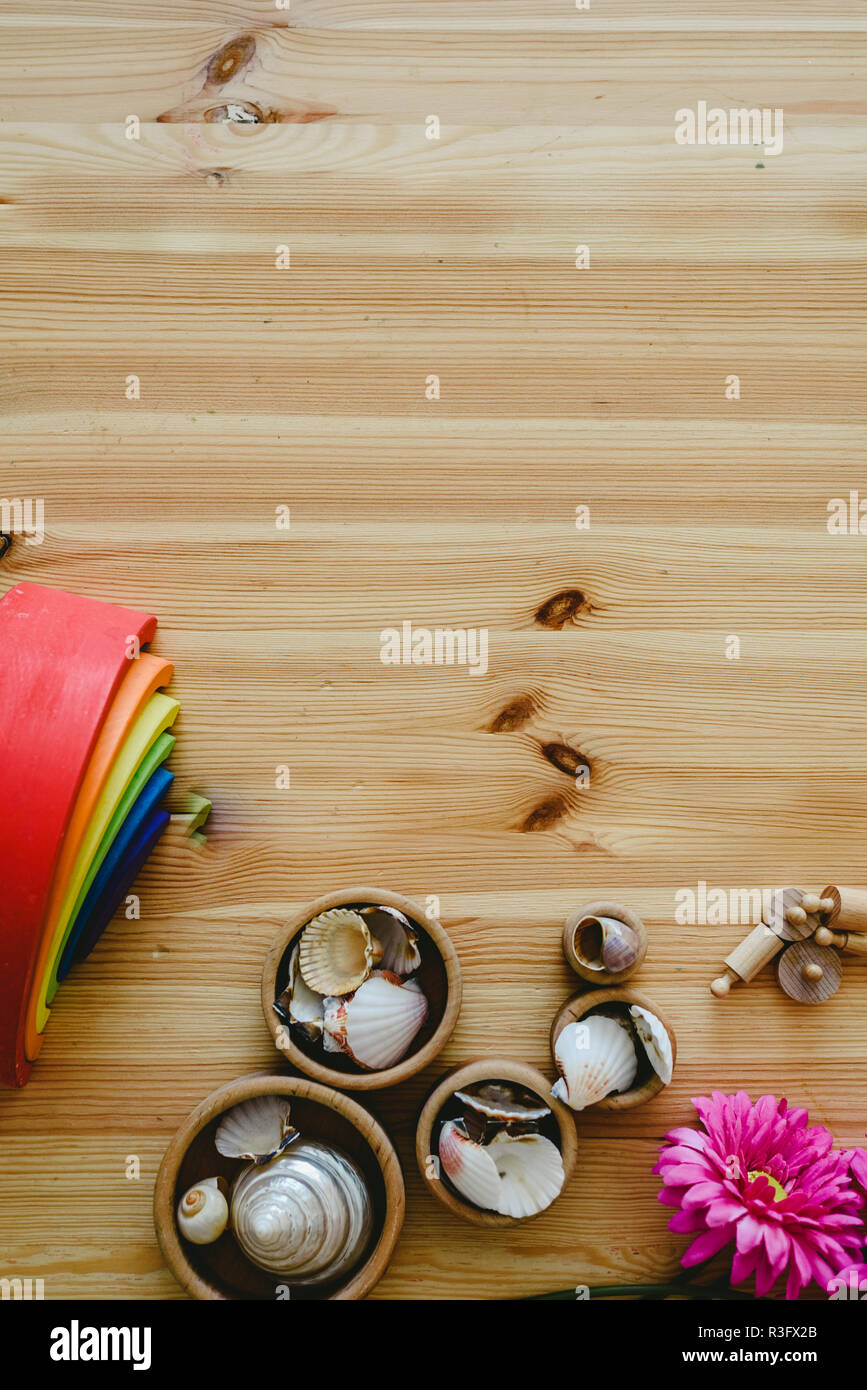 Group of learning materials of round and wooden colors on wooden table ...