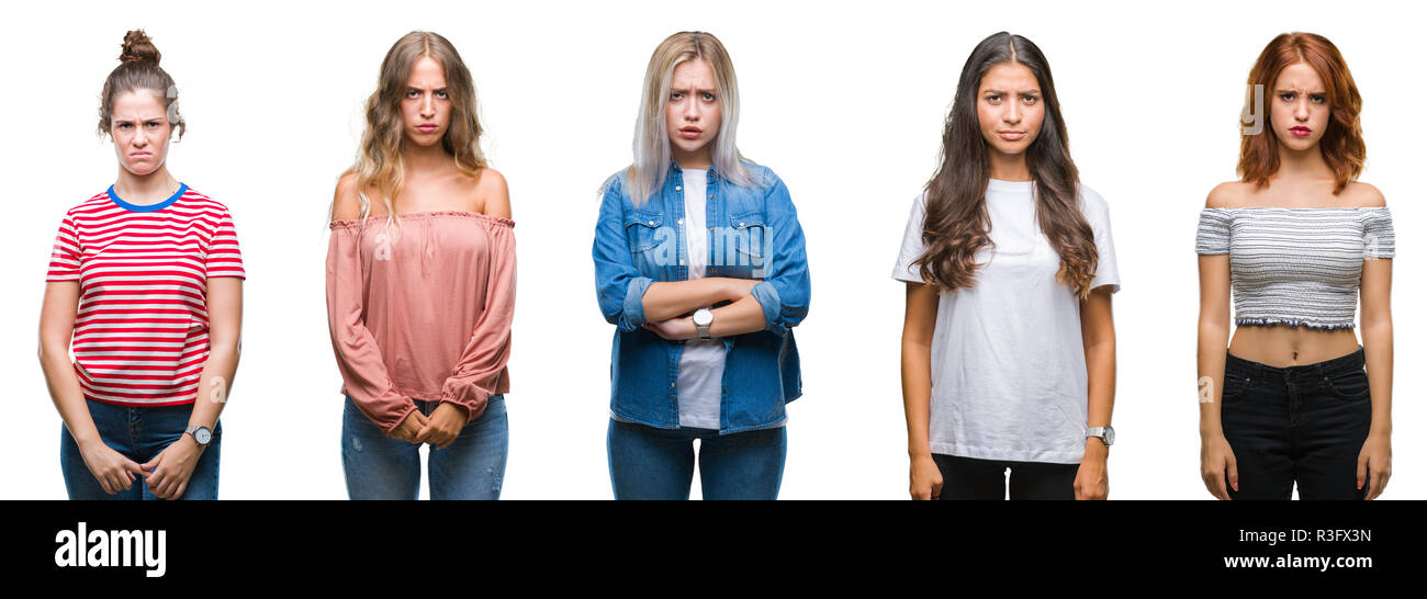 Collage of young beautiful grop of women over isolated background ...