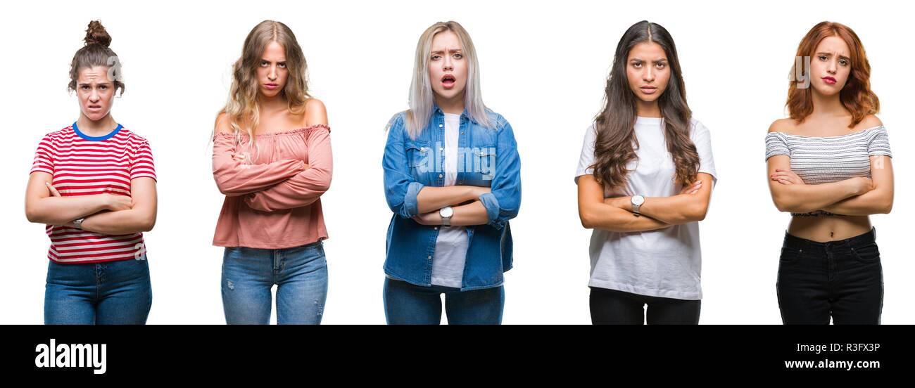 Collage of young beautiful grop of women over isolated background ...