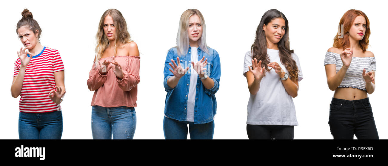 Collage of young beautiful grop of women over isolated background ...