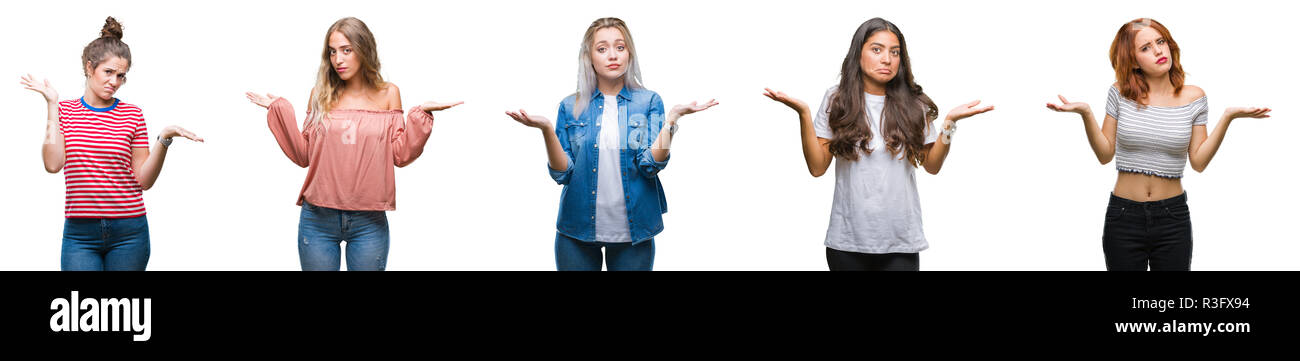 Collage of young beautiful grop of women over isolated background ...