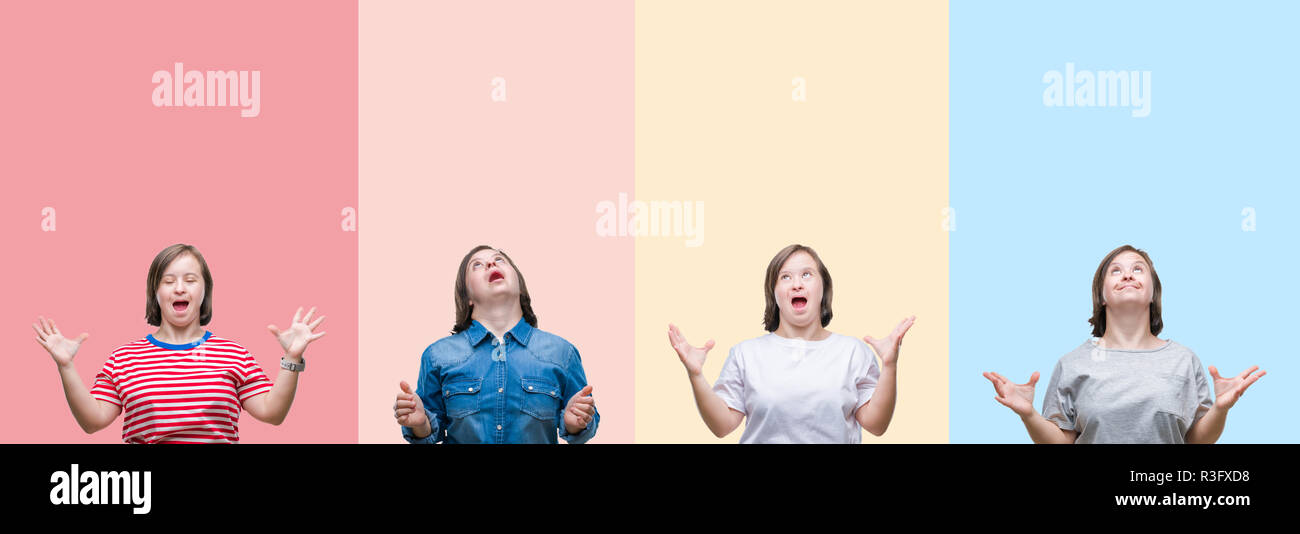 Collage of down syndrome woman over colorful stripes isolated ...